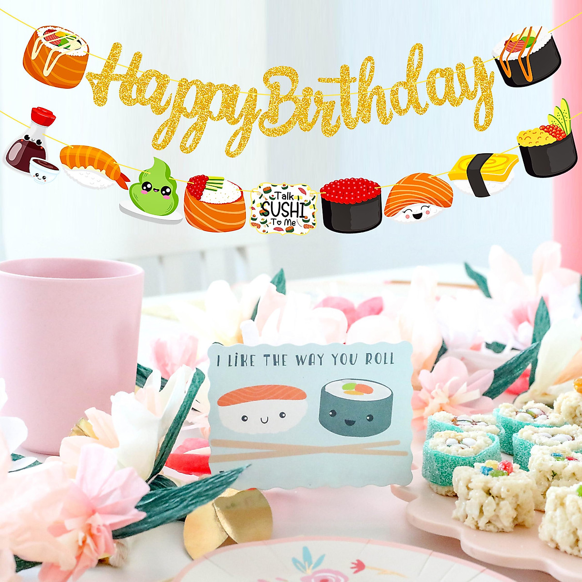 Sushi Happy Birthday Party Banners 2Pcs Glitter Sushi Garland Banners Let's Roll Sushi Party Cutout Banners Japanese Sushi Party Decorations for Sushi Theme Baby Shower Supplies