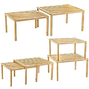 Hacaroa 2 Pack Stackable Bamboo Shelf, Expandable Cabinet Shelf Organizers, Sturdy Kitchen Counter Shelves, Stacking Shelves for Pantry, Countertop, Bathroom, 2 Size