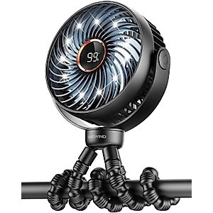 SHEWIND Stroller Fan, LED Light Portable Fan, 3600mAh Battery Operated Small Clip on Fan, 4 Speed Rechargeable Mini Personal Fan Cooling Travel Fan For Car Seat Crib Treadmill (Black)