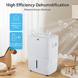 JHS 50 Pints Dehumidifier for Spaces up to 4,500 sq. ft at Home with Drain Hose, Reusable Air Filter, and 2.1 Gal Water Bucket, Perfect for Bedrooms Bathrooms Basements