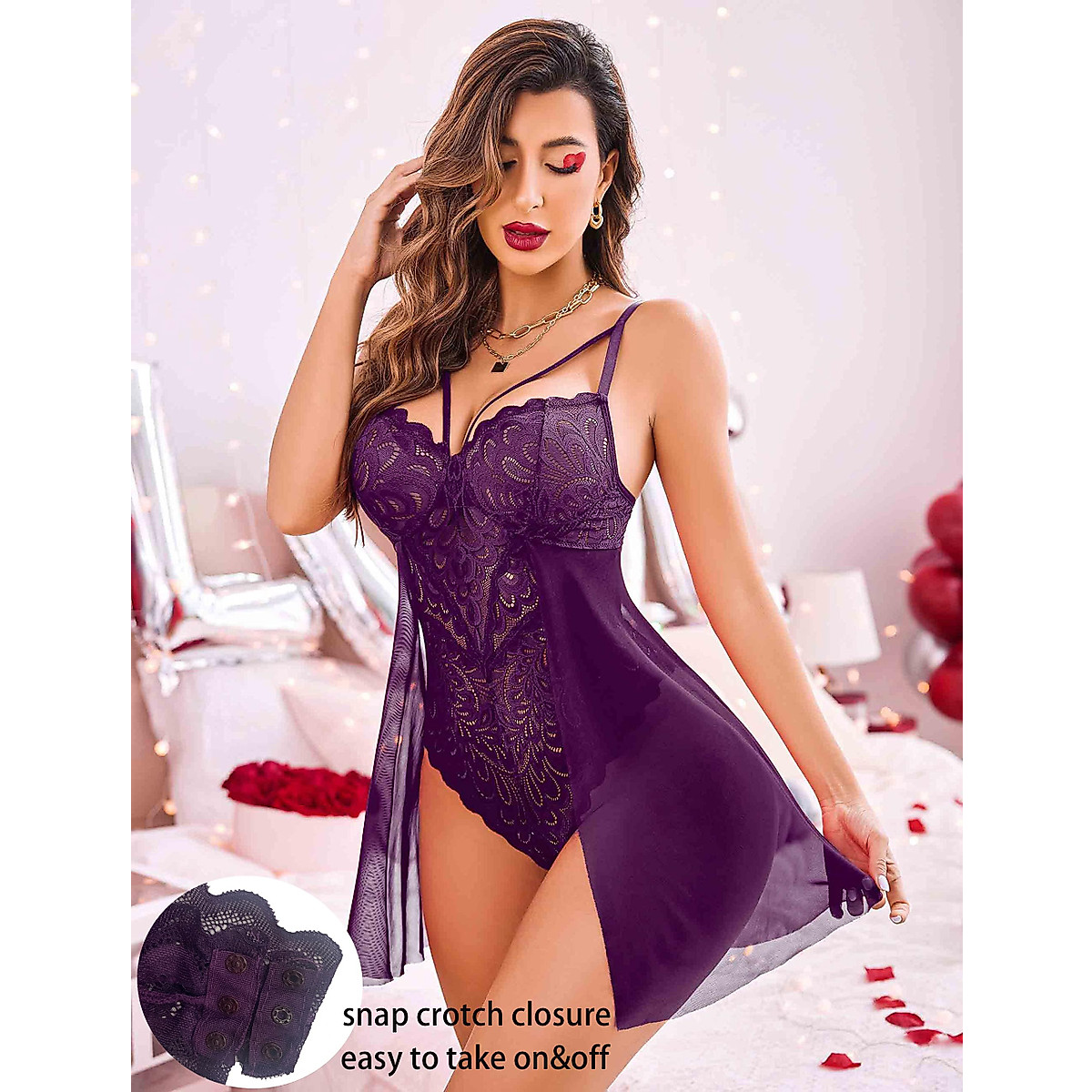 Avidlove Plus Size Lingerie for Women Sexy Naughty Chemise Babydoll Floral Negligee Snap Crotch Teddy Nighty,Purple,XX-Large