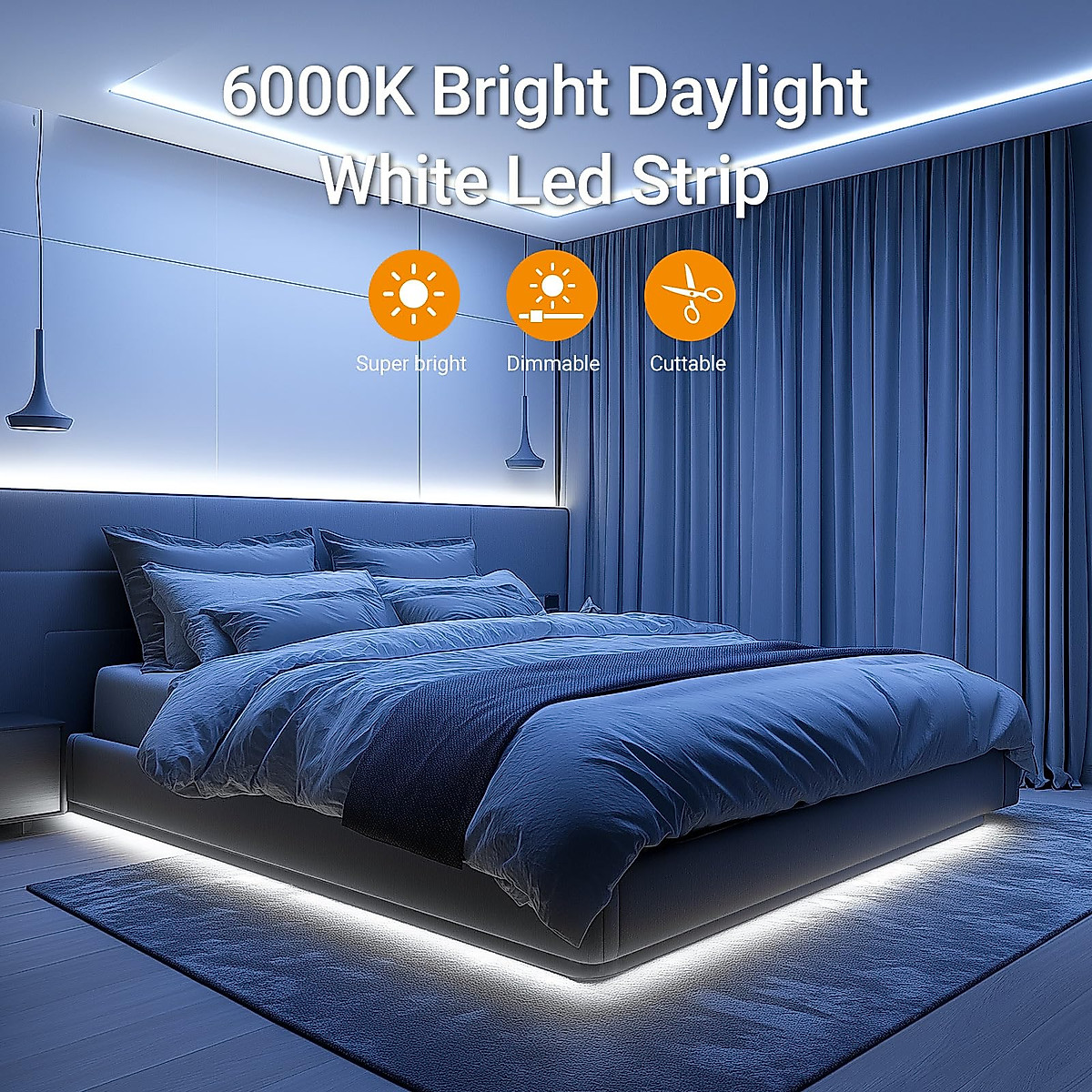 White LED Strip Light, CT Capetronix LED Light Strip White, Daylight Bright LED Tape Light, for Bedroom, Kitchen, Closet, Under Cabinet, Vanity Mirror, Indoor Only (Dimmer Included).