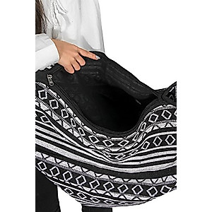 Tribe Azure Jacquard Cotton Shoulder Banana Style Fashion Travel Canvas Tote Bag Hobo Style Casual Market Purse Handbag (Black White)