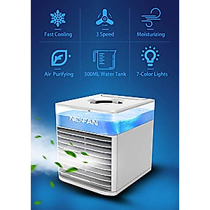 Portable Air Conditioner Fan, Mini Personal Air Cooler Fan with 3 Speed Mode, and USB Input & 7 Colors Night Light, Small Humidifier Air Cooler Desk Table Fan for Home, Office and Room