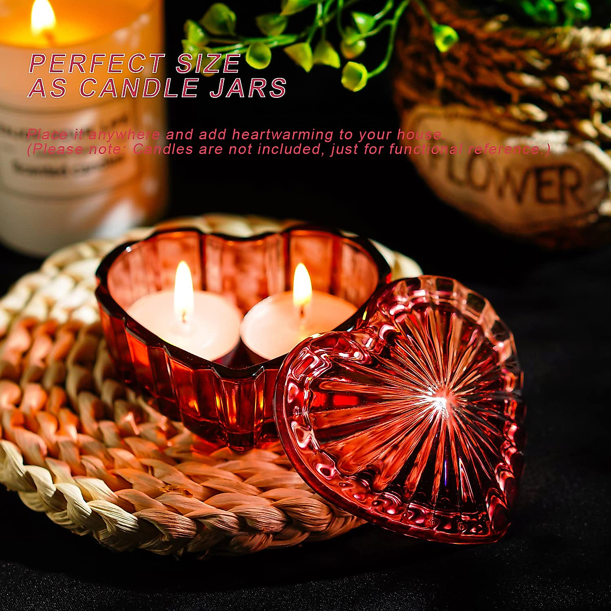 kanpura Crystal Glass Heart-Shaped Jewelry Box,Candy Box with Lid,Women's Covered Earrings Necklace Chest Trinket Storage Box, Glass Storage Jar Gift Box for Women and Girls(Burgundy)