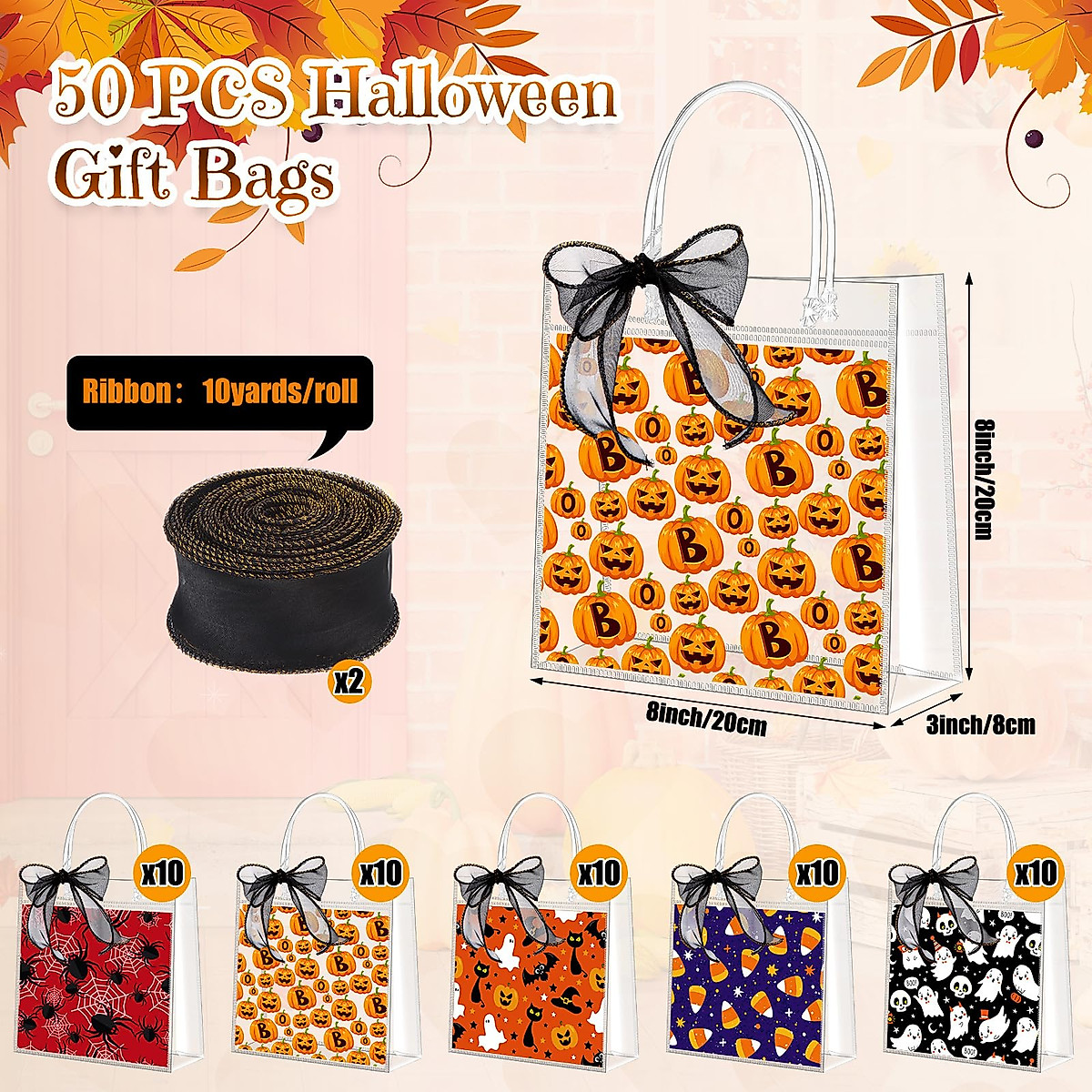 Hosuly 50 Pcs Halloween Clear Gift Bags with Handles Reusable Plastic Halloween Tote Bag Bulk Cute Treat or Trick Bags Pumpkin Boo Ghost Candy Bags with Ribbon for Halloween Party Favors Supplies