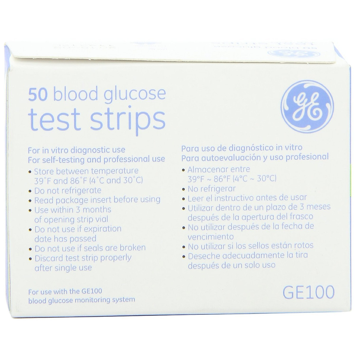 GE100 Blood Glucose Test Strips - 4/Boxes of 50 Strips = 200/Total Strips