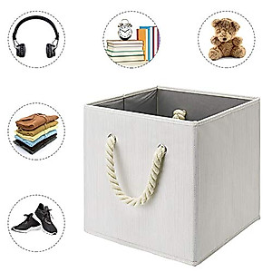 i BKGOO Foldable Storage Cube Bins Beige-White Bamboo Fabric Collapsible Resistant Basket Box Organizer with Cotton Rope Handle for Home Office and Nursery 10.5x10.5x11 inch