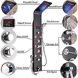 AlenArt Wall Mount Stainless Steel LED Shower Panel Tower System, Rainfall Waterfall Shower Head, Hydroelectricity Display with Massage Jets,Black