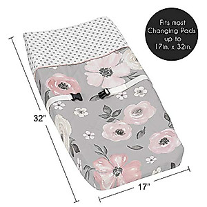Sweet Jojo Designs Grey Watercolor Floral Girl Baby Nursery Changing Pad Cover - Blush Pink Gray and White Shabby Chic Rose Flower Polka Dot Farmhouse