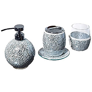 Madison Park Mosaic Bathroom Accessories Set , 4 Piece Bath Accessory Sets With Silver Soap Dispenser , Toothbrush Holder , Tumbler And Ring Tray