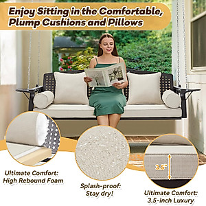 Yalissey 3 Seat Hanging Porch Swing, Patio Swing Bench with Tea Trays & 3 Back Cushions, Swing Chair with Chains for Deck Garden Backyard (Beige)