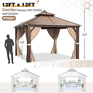 EROMMY 12' x 12' Gazebo, Outdoor Galvanized Steel Roof Hardtop Canopy with Aluminum Frame, Permanent Metal Pavilion with Netting and Curtains, for Patio Backyard Deck and Lawns