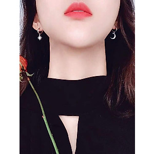 CZ Moon Star Dangle Small Hoop Earrings for Women Girls Sterling Silver with Charms Crystal Asymmetrical Snowflake Crescent Drop Mini Cartilage Clip Jewelry Delicate Fashion Birthday Gifts Best Friend