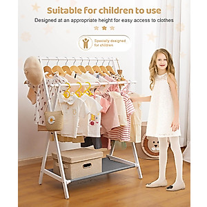 Cozivolife Kids Clothing Rack with 2 Hanging Rods and 4 Hooks, Kids Dress Up Rack with Bottom Storage Shelf, Child Garment Rack, Small and Foldable, Bamboo (White)