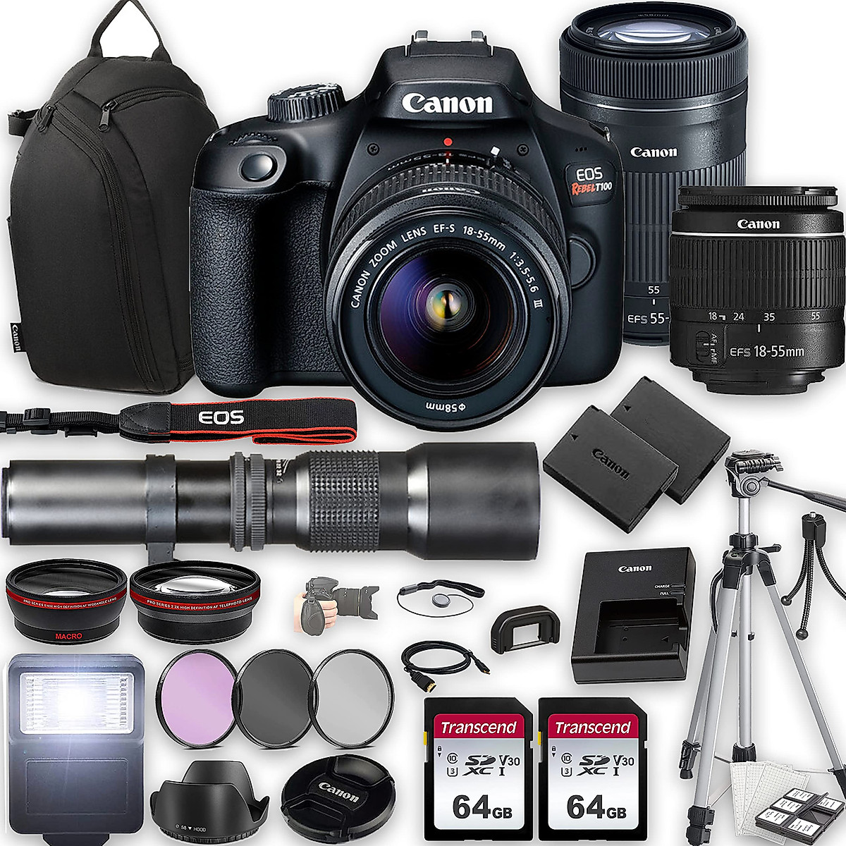 Canon EOS Rebel T100 DSLR Camera w EF-S 18-55mm f/3.5-5.6 III Lens + EF-S 55-250mm f/4-5.6 is STM Lens + 500mm f/8 Focus Lens + 2X 64GB Memory + Case + Filters + Tripod + More (35pc Bundle)