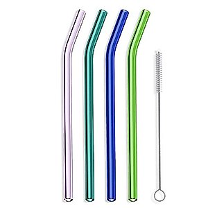 Hummingbird Glass Straws 9 inches x 9.5 mm Bermuda Tide Bent Reusable Straws (4 pack of Purple-Teal-Blue-Green)