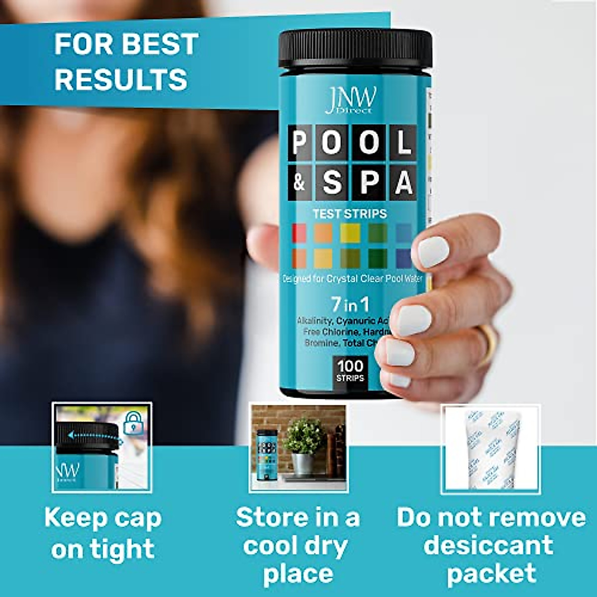 Pool Test Strips, 7in1 Quick & Accurate Pool and Spa Test Strips, Pool Water Test Kit - 100 Bromine, pH, Hardness, Alkalinity, Chlorine Pool Water Tests, Spa and Hot Tub Test Strips with E-Book - JNW
