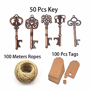 50pcs Copper Skeleton Key Beer Bottle Opener With 100 Pcs Blank Card and 98 Feet Hemp Rope for Wedding Party Favors (mixed 5 styles copper)