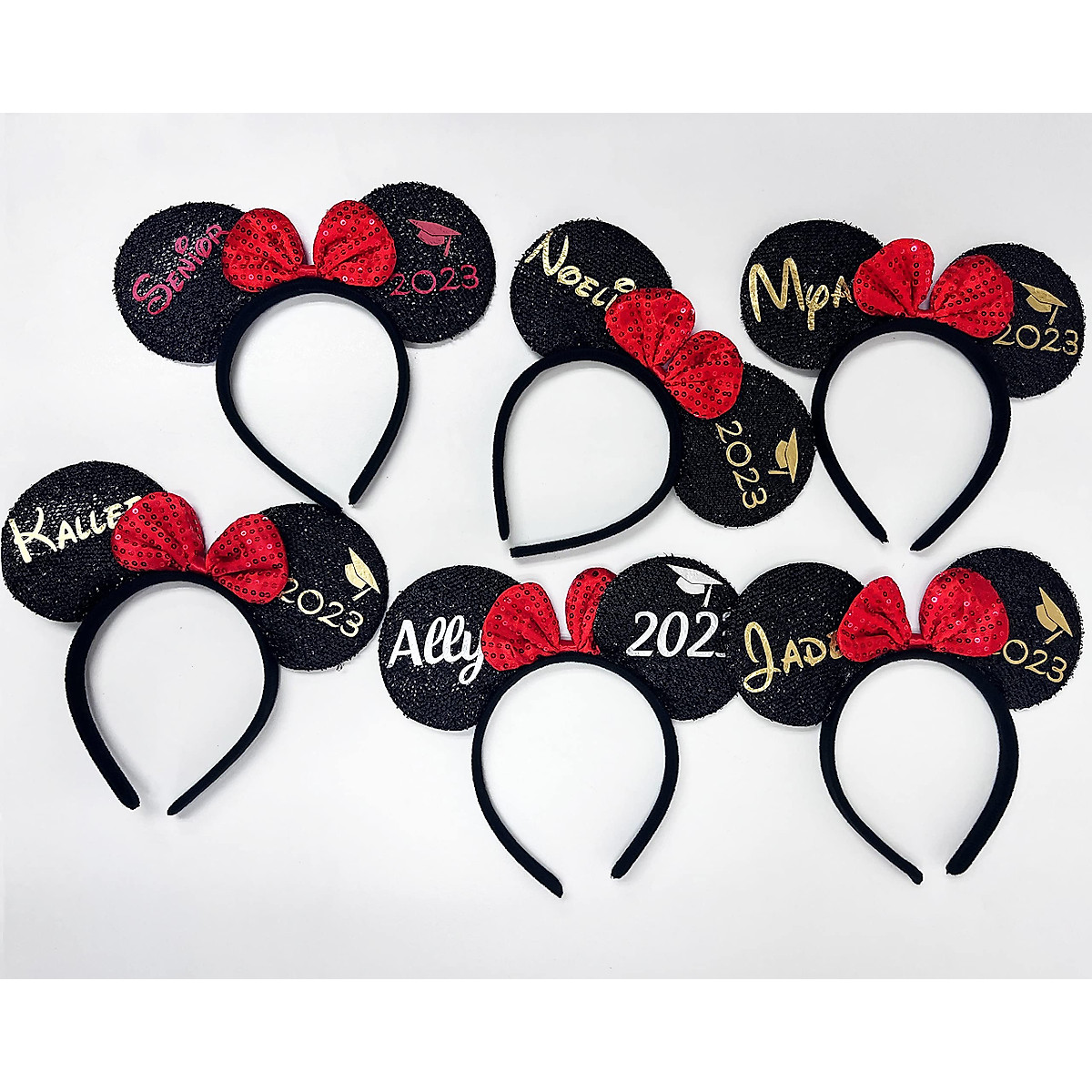 Personalized Graduation Mouse Ears for Class of 2024, Custom Graduation Gifts, Black Sequin Headband with Red Sequin Bow