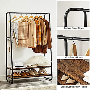 VASAGLE Clothes Rack, Clothing Rack for Hanging Clothes, Garment Rack with 2 Shelves, 6 S-Shaped Hooks, Steel Frame, for Bedroom, Rustic Brown and Black URGR112B01