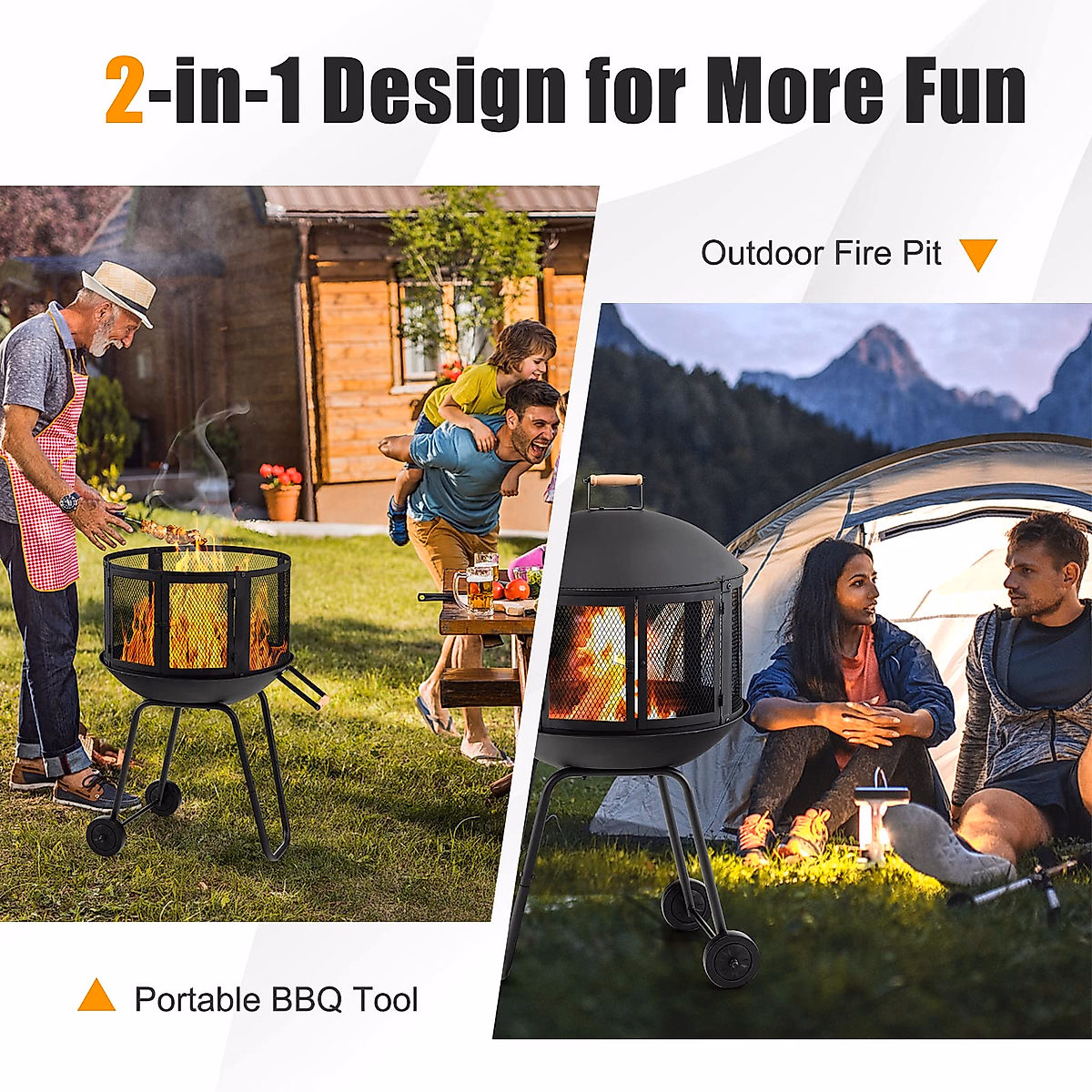ORALNER Portable Fire Pit on Wheels, 27” Outdoor Wood Burning Firepit Cage w/Spark Screen Cover, Log Grate, Fire Poker, Steel Patio Firepit w/BBQ Grill for Outside Camping, Picnic, Backyard Bonfire