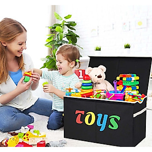 VICTORICH 100L Toy Box Chest, 2 PACK Collapsible Sturdy Storage Bins with Lids, Extra Large Kids Toy Storage Organizer Boxes Bins Baskets, Beige + Black