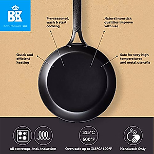 BK Pre-Seasoned Black Steel Carbon Steel Induction Compatible 12" Frying Pan Skillet, Oven and Broiler Safe to 660F, Durable and Professional, Black