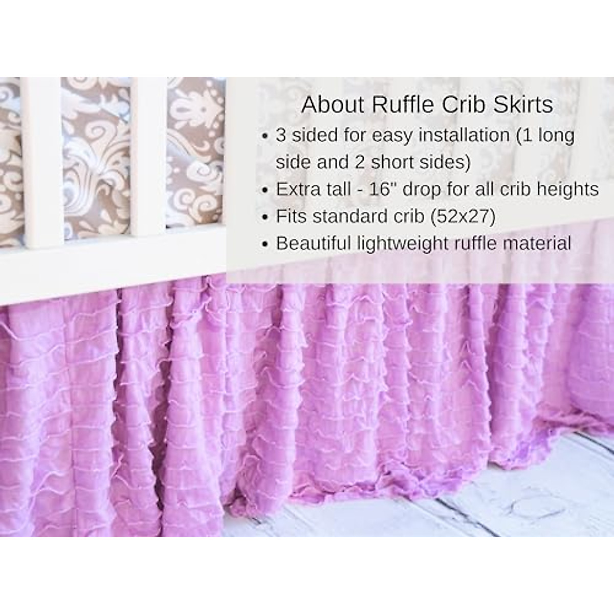 Lilac Purple Ruffle Crib Bed Skirt, Boho Baby Girl Ruffled Bedding Dust Ruffle Skirts, Extra Long 16 inch Gathered Standard Bedskirt Nursery Decor, AVTRBoutique