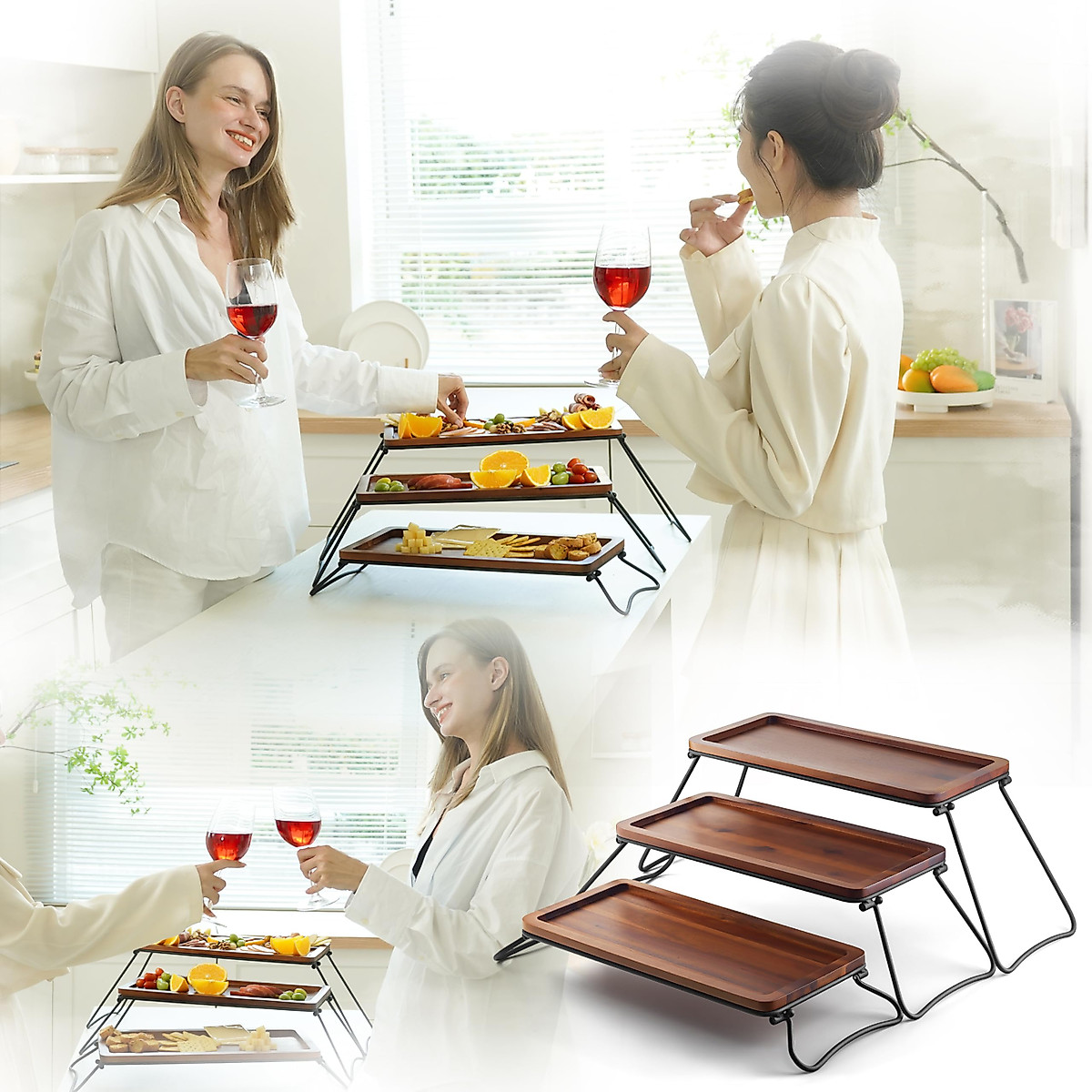 Tidita 3 Tier Serving Tray Acacia Wood - Cupcake Stand & Tower Serving Trays - 3 Tiered Wooden Large Serving Platter for Dessert - Food Display Stands & Charcuterie Board for Party, Picnic, Buffet