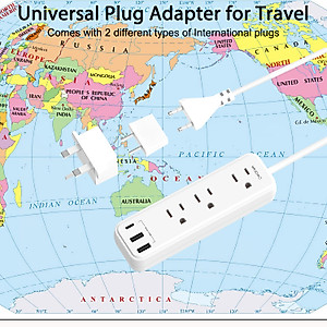 European Travel Plug Adapter, WRXDMC International Travel Plug Adapter, US to UK Europe Plug Adapter, Power Strip for EU/UK/US, 3 USB Ports, 3 AC Outlets, 5ft Cord,Travel necessities in most countries