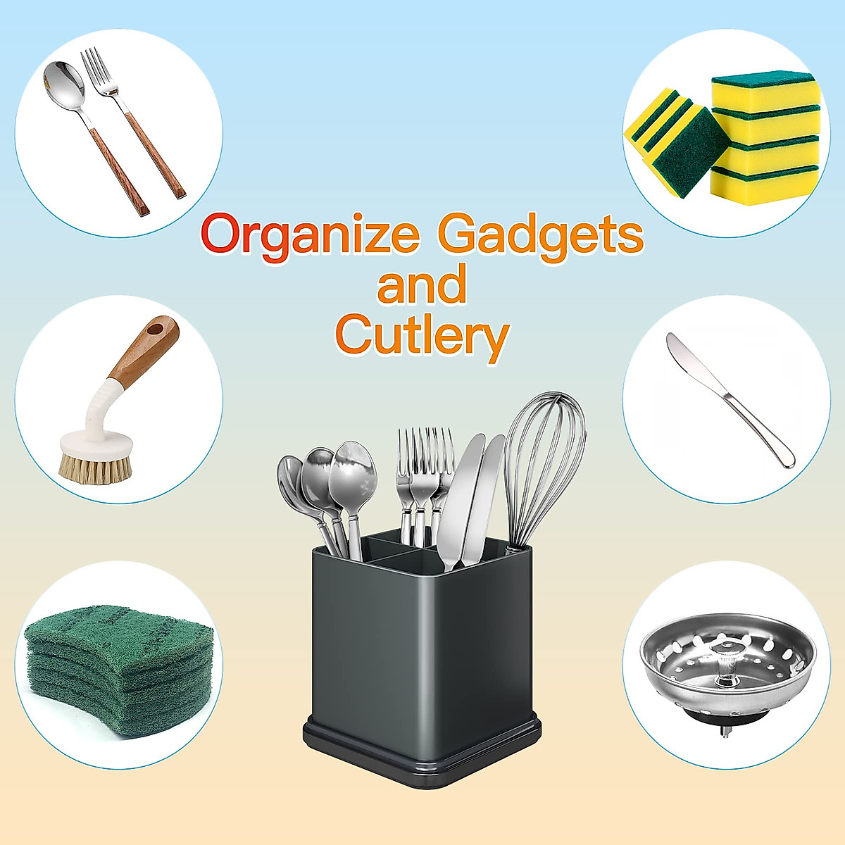 Utensil Holder, Paroson Aluminum Kitchen Utensil Holder with 4 Compartments,Silverware Holder Perfect for Kitchen Spatula Spoon,Cutlery,Utensil Organize（Dark Grey）