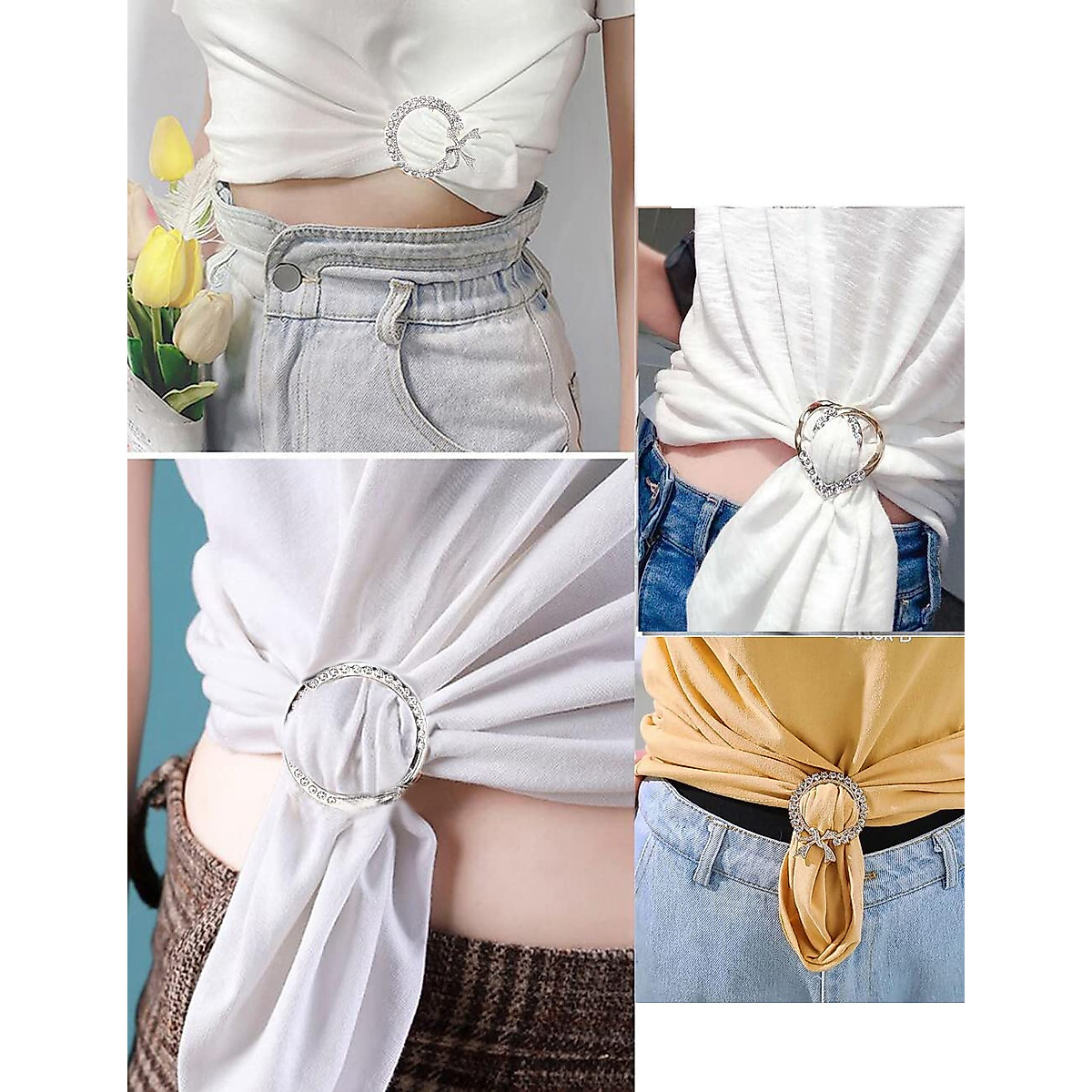 3 Pack Alloy T-Shirt Clips Rhinestone Scarf Ring Buckles 1.9 Inch Round Heart Shape Tshirt Scarves Clothes Waist Tie Decoration Accessories for Women Girls