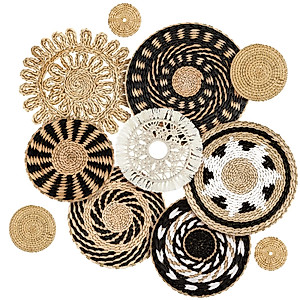 Tatuo 11 Pcs Boho Wall Basket Decor Decorative Bulrush Woven Basket Wall Decor Boho Wall Art Round Farmhouse Wall Hanging Baskets for Rustic Home Kitchen Decorations, Multi Sizes (Retro)