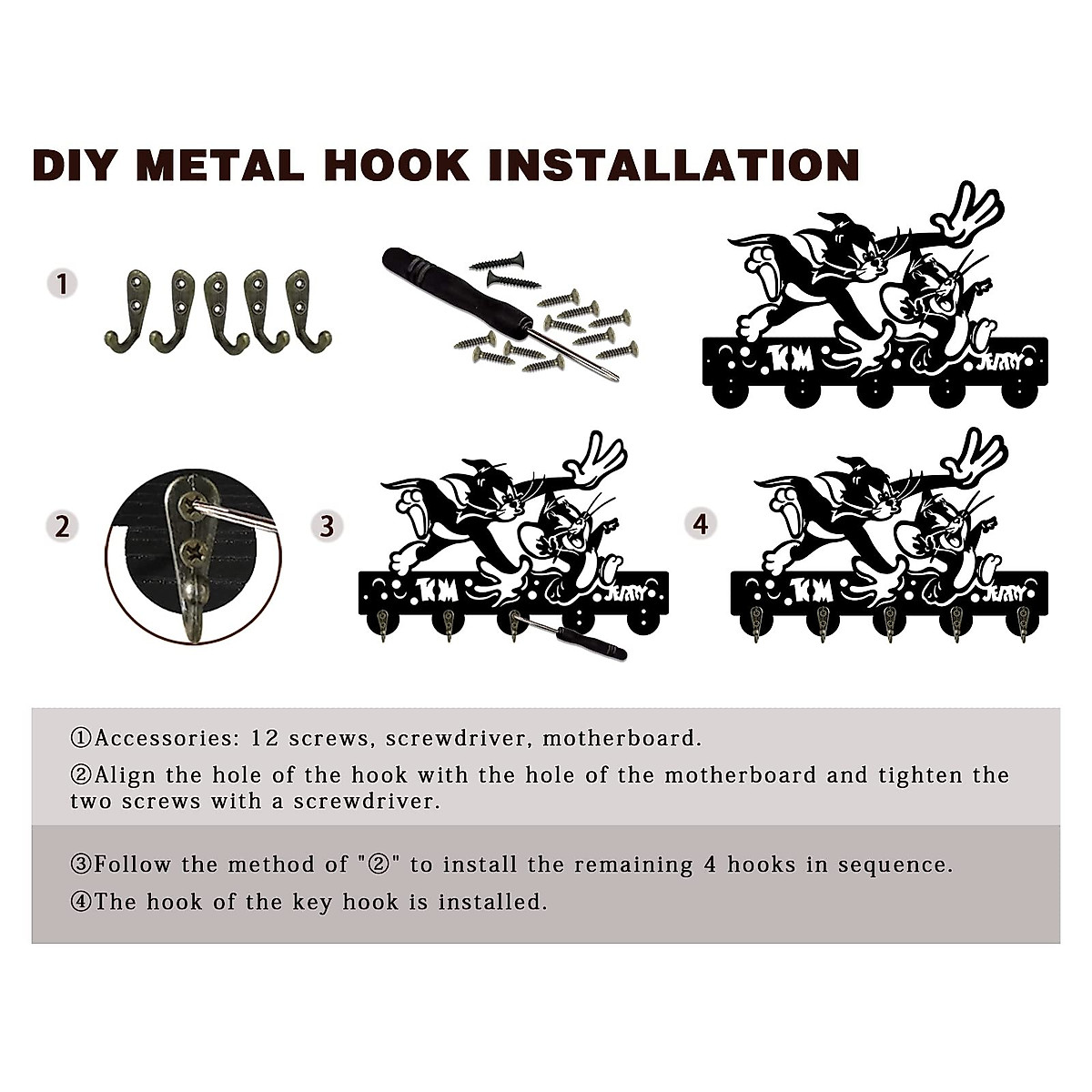 AVJERA Cat and Mouse Key Holder for Wall Decorative, Tom Cat Wall Mounted Jerry Mouse Key Organizer with 5 Key Hooks, Cartoon Anime Adhesive Key Rack for Kitchen