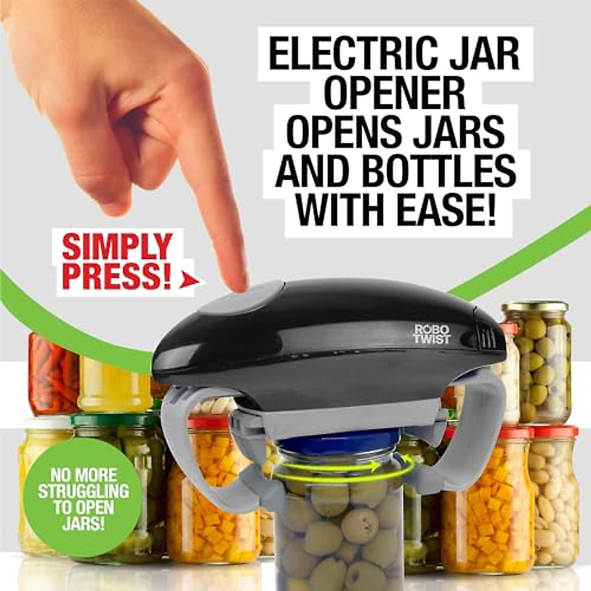 Robotwist Jar Openers Top Rated for Seniors, Automatic Jar Opener, Deluxe Model with Improved Torque, Robo Twist Kitchen Gadgets for Home, Handsfree Easy Jar Opener – Works on All Jar Sizes, Black