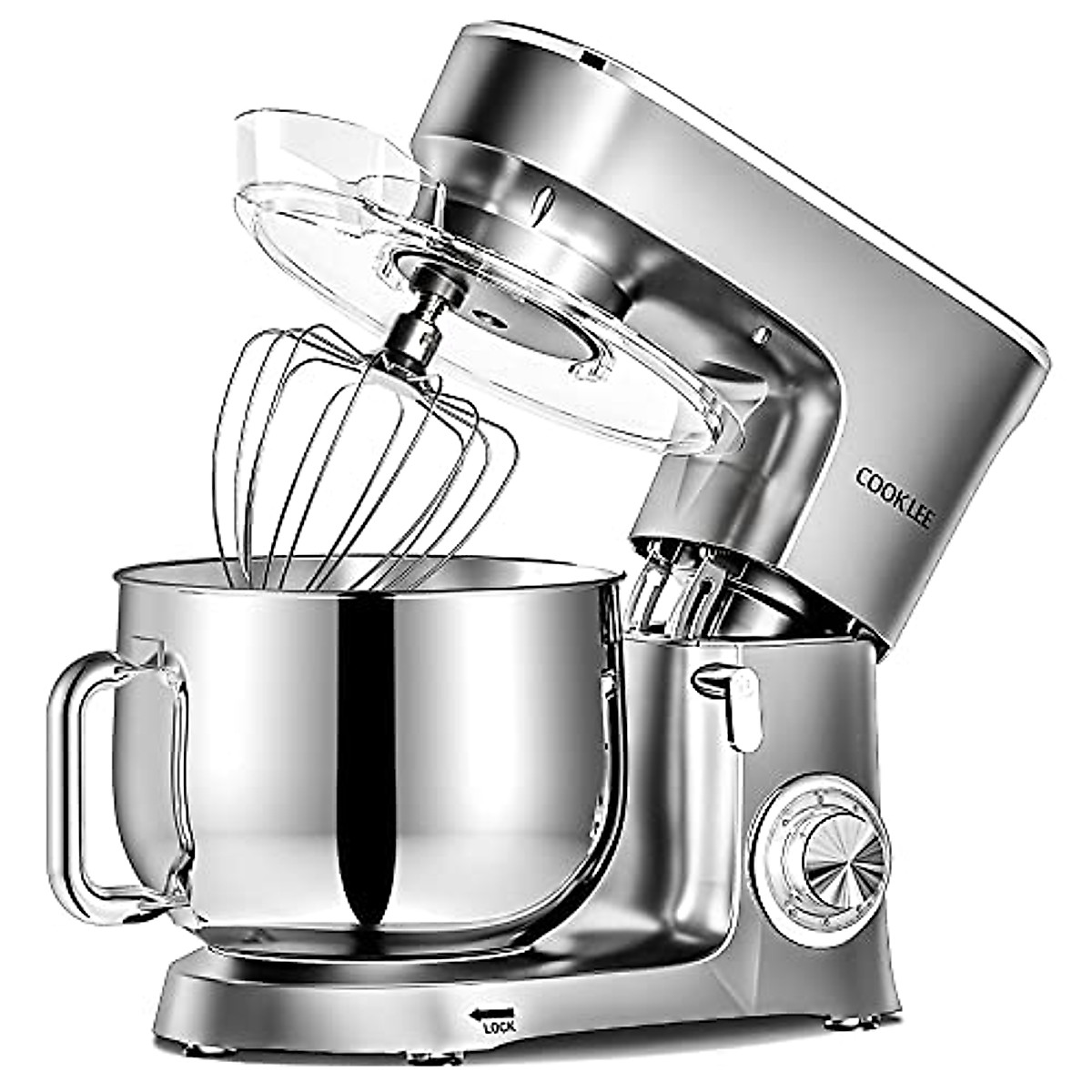 COOKLEE Stand Mixer, 9.5 Qt. 660W 10-Speed Electric Kitchen Mixer with Dishwasher-Safe Dough Hooks, Flat Beaters, Wire Whip & Pouring Shield Attachments for Most Home Cooks, SM-1551, Silver