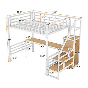 Full Size Loft Bed with Desk and Stairs Metal Loft Bed with Storage Wardrobe and Shelves, Heavy-Duty High Loft Bed for Kids Teens Adults, White