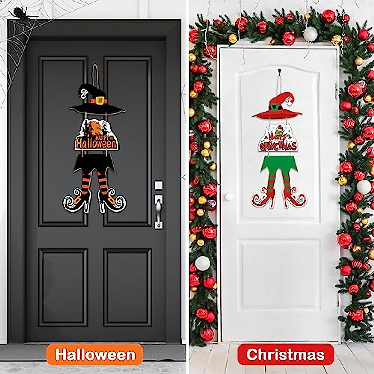 Reversible Witch Halloween Decor/Christmas Decorations for Home Indoor Outdoor, 25×10 inch Wooden Happy Halloween Wall Porch Door Sign Hanging Decor, Merry Grinchmas Door Decor Xmas Holiday Decoration