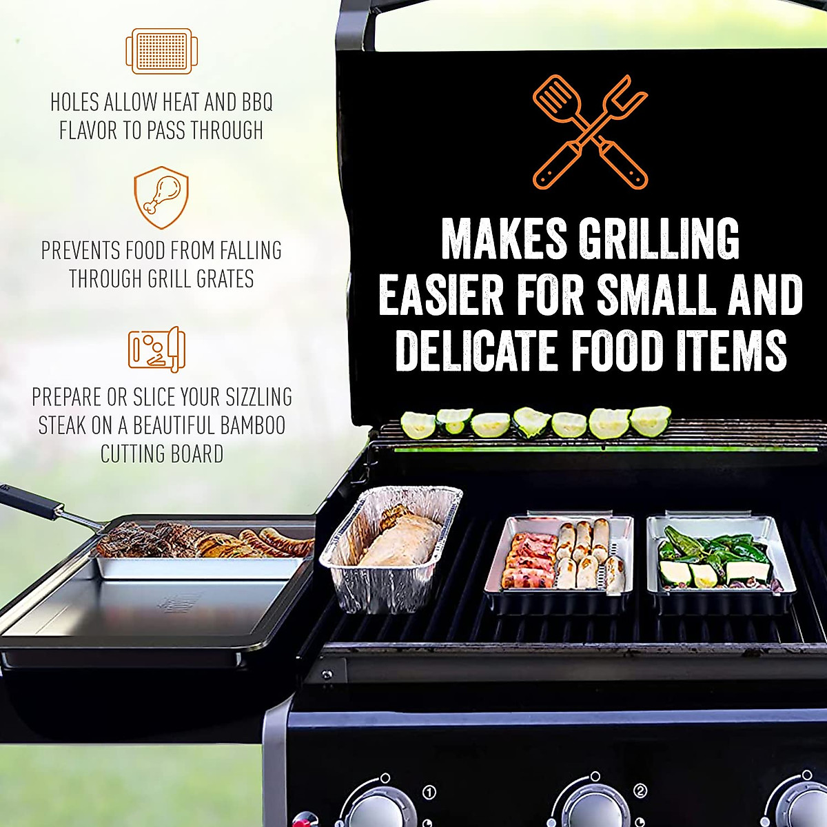 Yukon Glory™ BBQ 'N SERVE Premium Set, Includes 3 Grill Baskets, Serving Tray, Bamboo Cutting Board, Plastic Lid and Clip-on Handle