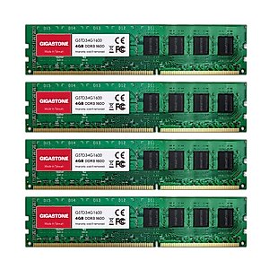 【DDR3 RAM】 GIGASTONE 16GB Kit (4x4GB) DDR3/DDR3L 1600MHz (1333MHz) PC3-12800 (PC3-10600) CL11 1.35V/1.5V 2Rx8 UDIMM 240 Pin Unbuffered Non ECC High Performance PC Desktop Memory Upgrade
