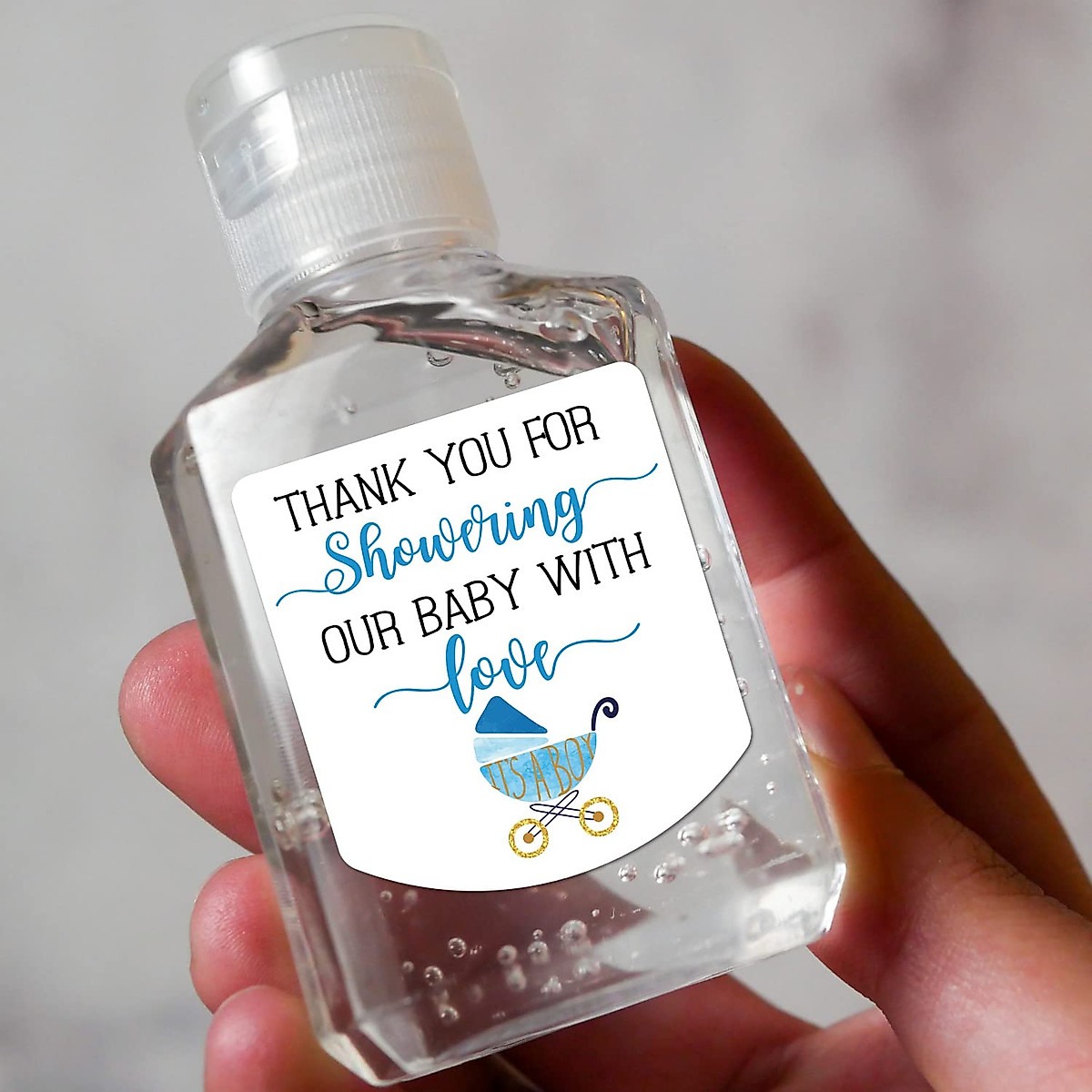 Hand Sanitizer Labels Thank You for Showering Our Little One with Love Stickers, Baby Shower Favor Party Favors Boy., Blue,1.26inches x 1.39inches