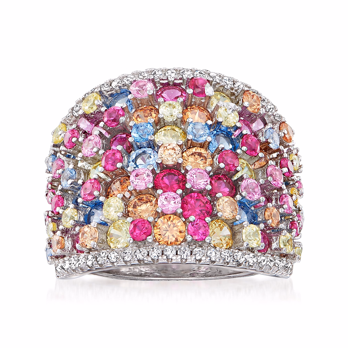 Ross-Simons 4.10 ct. t.w. Multicolored Simulated Sapphire and .20 ct. t.w. CZ Wide Ring in Sterling Silver. Size 9