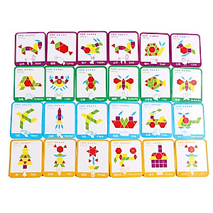 Set of 155 Wooden Pattern Blocks Geometric Manipulative Shape Puzzle Kindergarten Graphical Classic Educational Montessori Tangram Toys for Kids Ages 3+ Jigsaw Puzzles Gift with 24 Pcs Design Cards