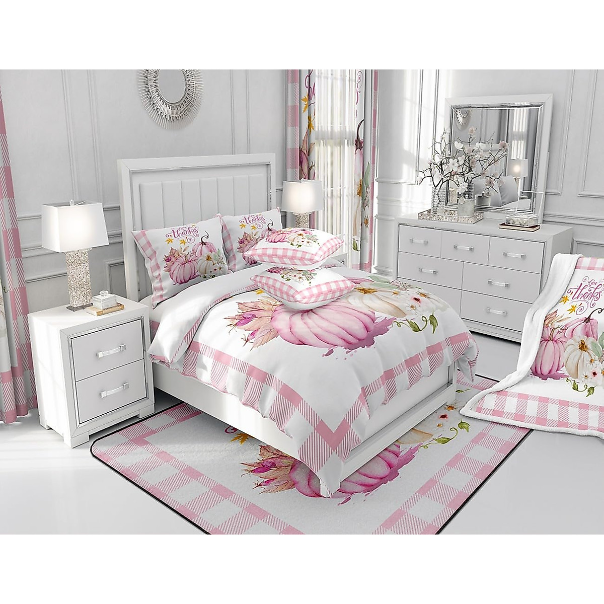 Pink Fall Bed Sheet Set Pumpkin Fitted Sheet for Kids Boys Girls Teens Room Decorations Autumn Harvest Bedding Set Full Size Buffalo Check Grid Bed Cover Deep Pocket 3Pcs