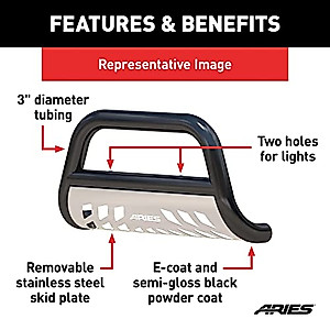 ARIES B35-5006 3-Inch Black Steel Bull Bar, No-Drill, Select Dodge, Ram 1500, 2500, 3500