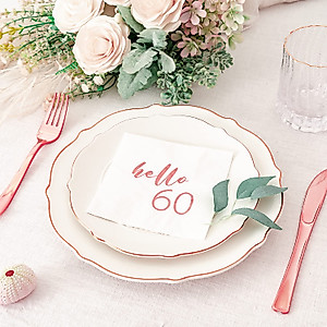 Crisky Rose Gold Hello 60 Cocktail Napkins for Women 60th Birthday Decorations, 3-Ply 60th Birthday Disposable Cake Beverage Dessert Napkins, 50 Pcs