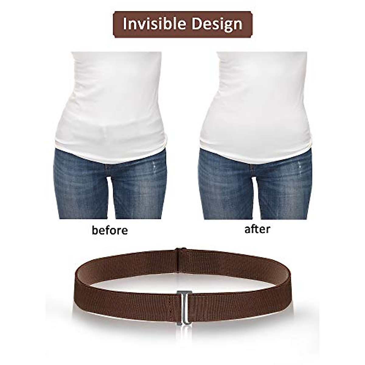 SATINIOR 2/3/4 Pack Women Elastic Stretch Belt Invisible Belts with Flat Buckle for Jeans Pants Dresses(Black, Dark Blue, Khaki, Brown,4 Pack)