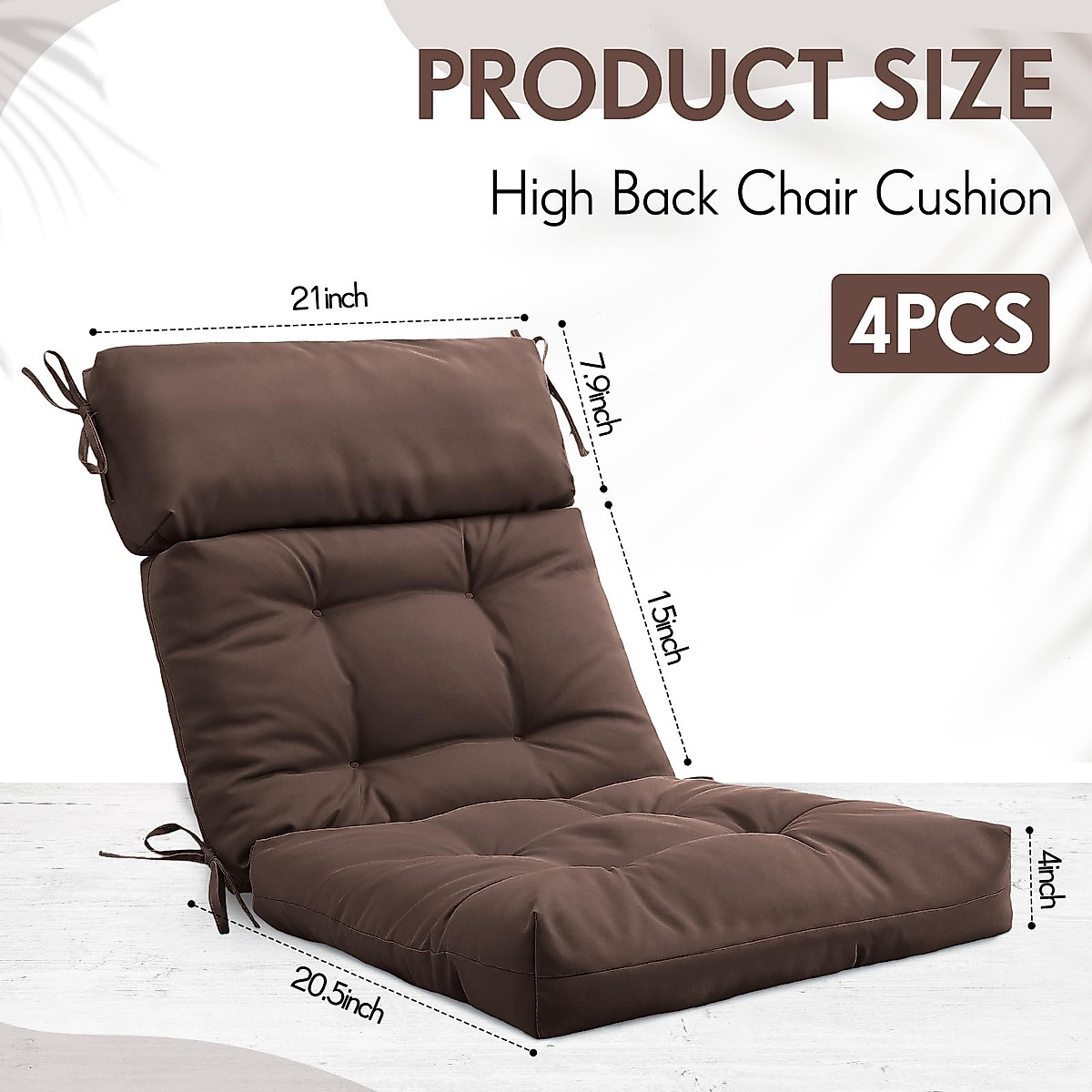 Barydat 4 Pack High Back Chair Cushion Indoor Outdoor Tufted Seat and Back Chair Cushions Rocking Chair Pads Lounge Porch Seat Cushion with Ties for Patio Furniture, 43.4 x 21 x 3.3 Inch(Coffee)