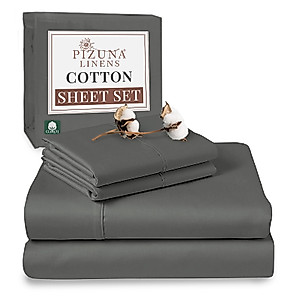 Pizuna Pure 100% Cotton Sheets Full Size, Luxurious 400 Thread Count Long Staple Cotton Sateen Sheets Full with 15" Deep Pocket (Combed Dark Grey Cotton Sheets Full)